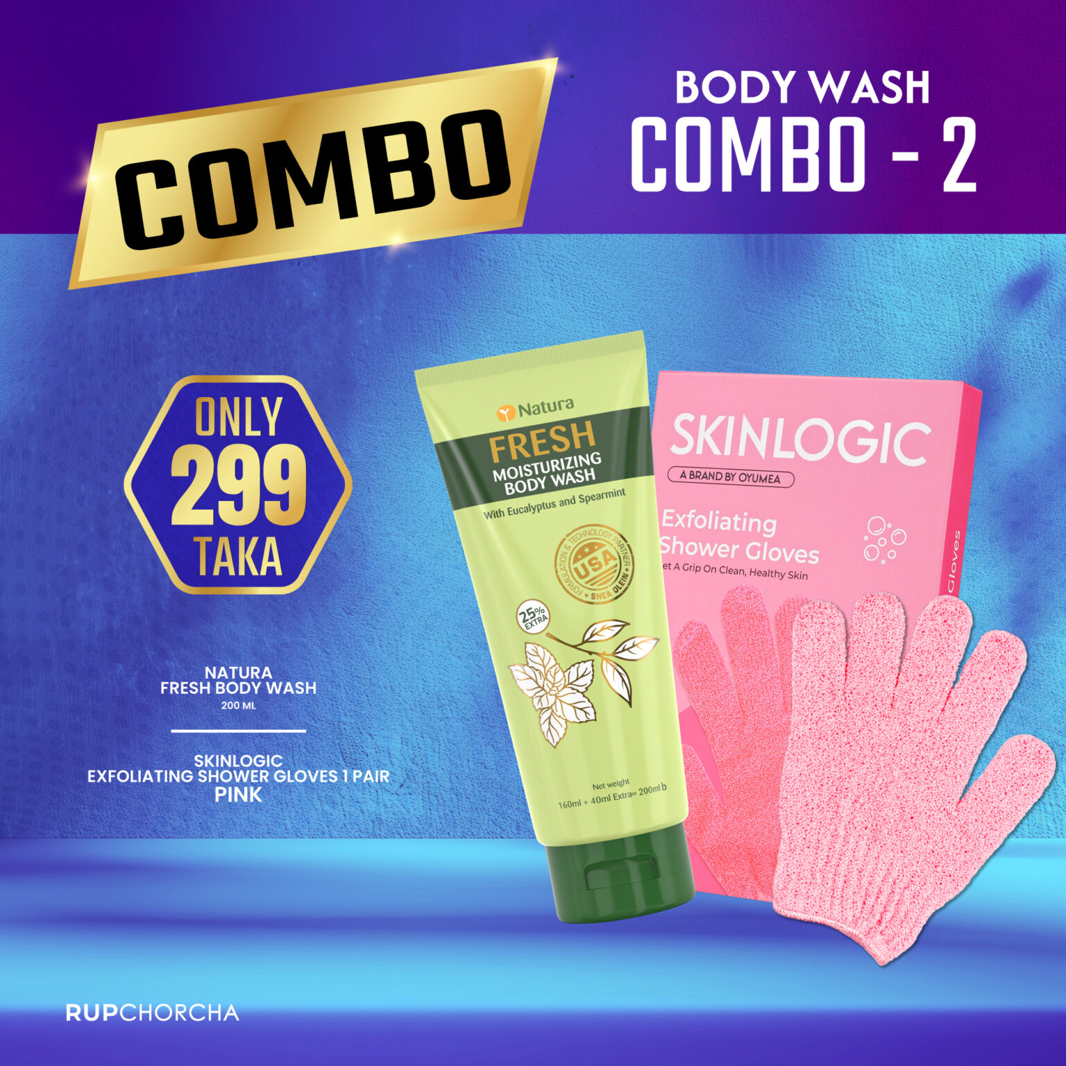 Body Wash Combo-2 ( Buy Natura Fresh Body Wash 200ml + Get Skinlogic Exfoliating Shower Gloves 1 ...